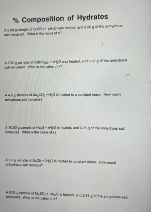 Solved % Composition of Hydrates A 5.00 g sample of | Chegg.com
