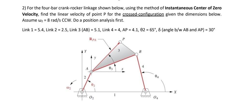 Solved 2) For the four-bar crank-rocker linkage shown below, | Chegg.com