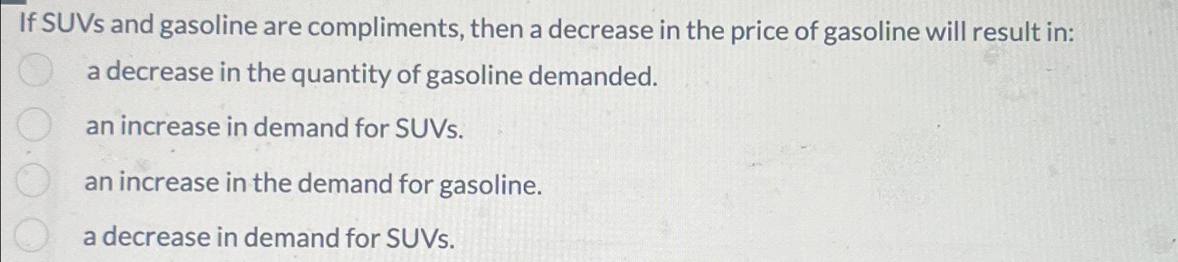 Solved If SUVs and gasoline are compliments, then a decrease | Chegg.com