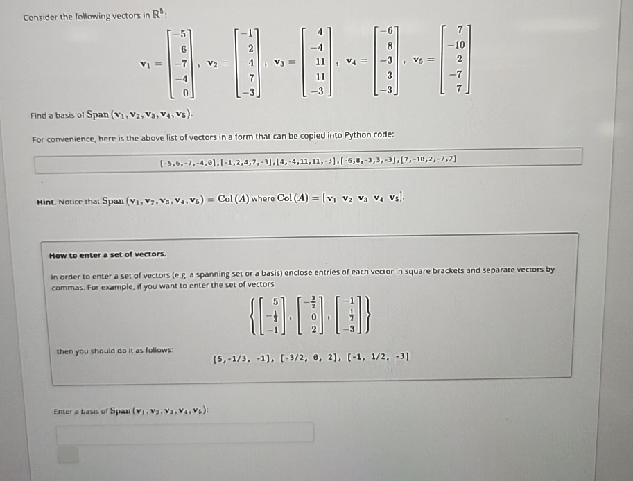 Solved Consider the following vectors in R5 | Chegg.com