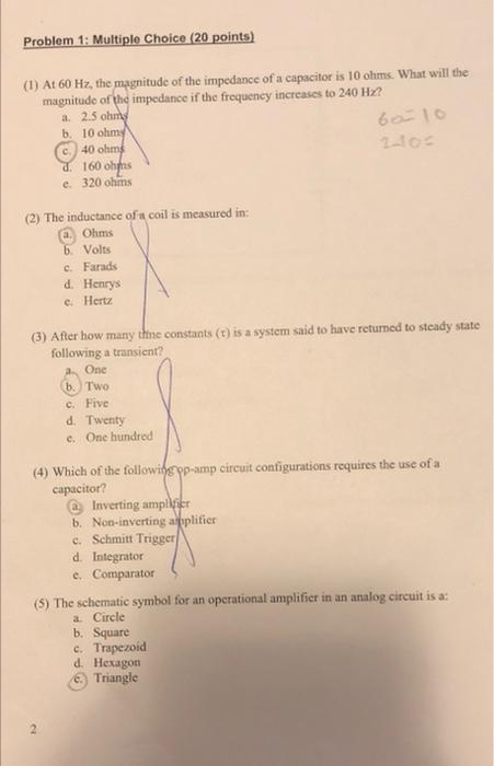 Solved Problem 1: Multiple Choice (20 points) (1) At 60 Hz, | Chegg.com