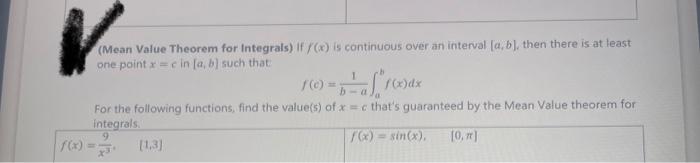 Solved (Mean Value Theorem for Integrals) if f(x) is | Chegg.com