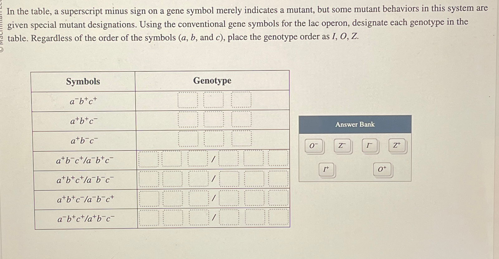 Solved In the table, a superscript minus sign on a gene | Chegg.com