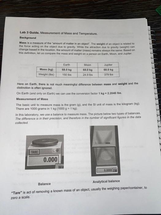 Lab 3 Guide. Measurement of Mass and Temperature. | Chegg.com
