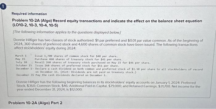 Solved Required information Problem 10-2A (Algo) Record | Chegg.com