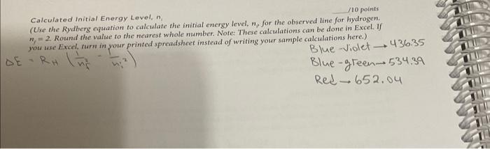 Solved Calculated initial Energy Level, n, /10 points (Use | Chegg.com
