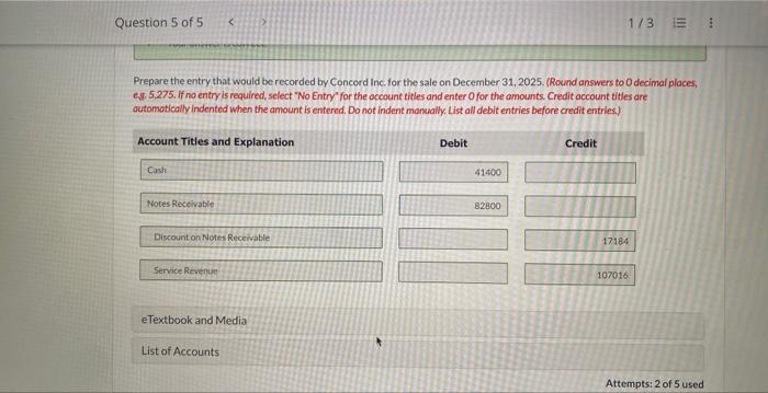 Solved On December 31, 2025, Concord inc, rendered services | Chegg.com