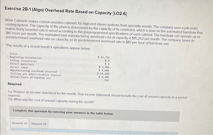 Solved Exercise 2B-1 (Algo) Overhead Rate Based on Capacity | Chegg.com