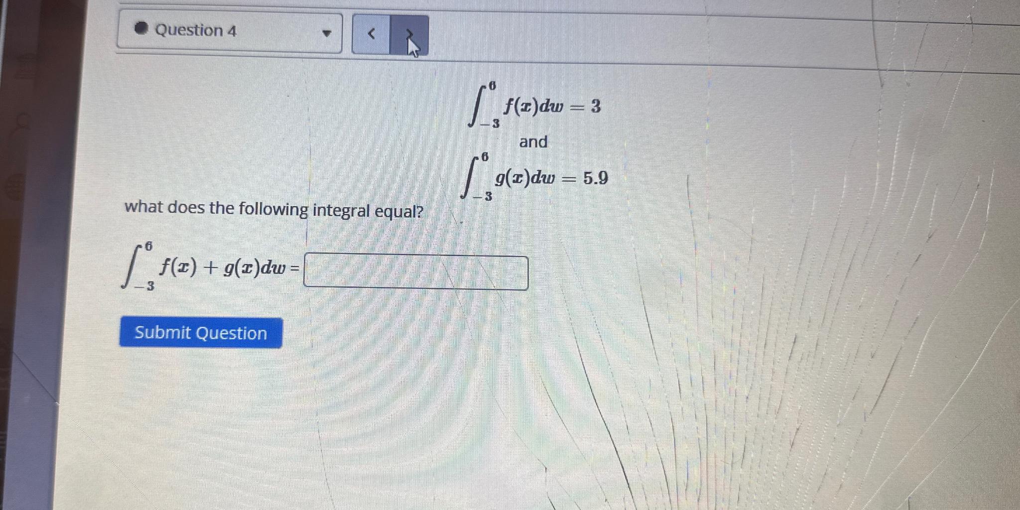 Solved ∫-36f(x)dw=3∫-36g(x)dw=5.9andwhat does the following | Chegg.com