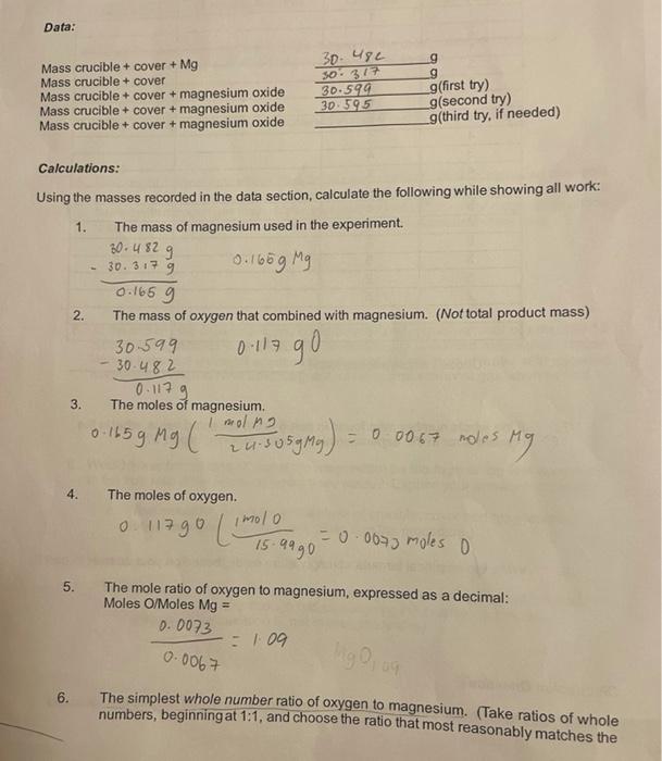 Solved chemical equation for the reaction between magnesium | Chegg.com