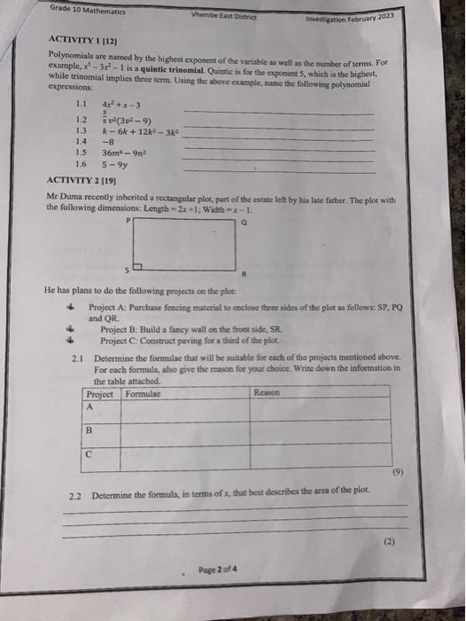 Solved Polynomials are named by the highest exponent of the | Chegg.com