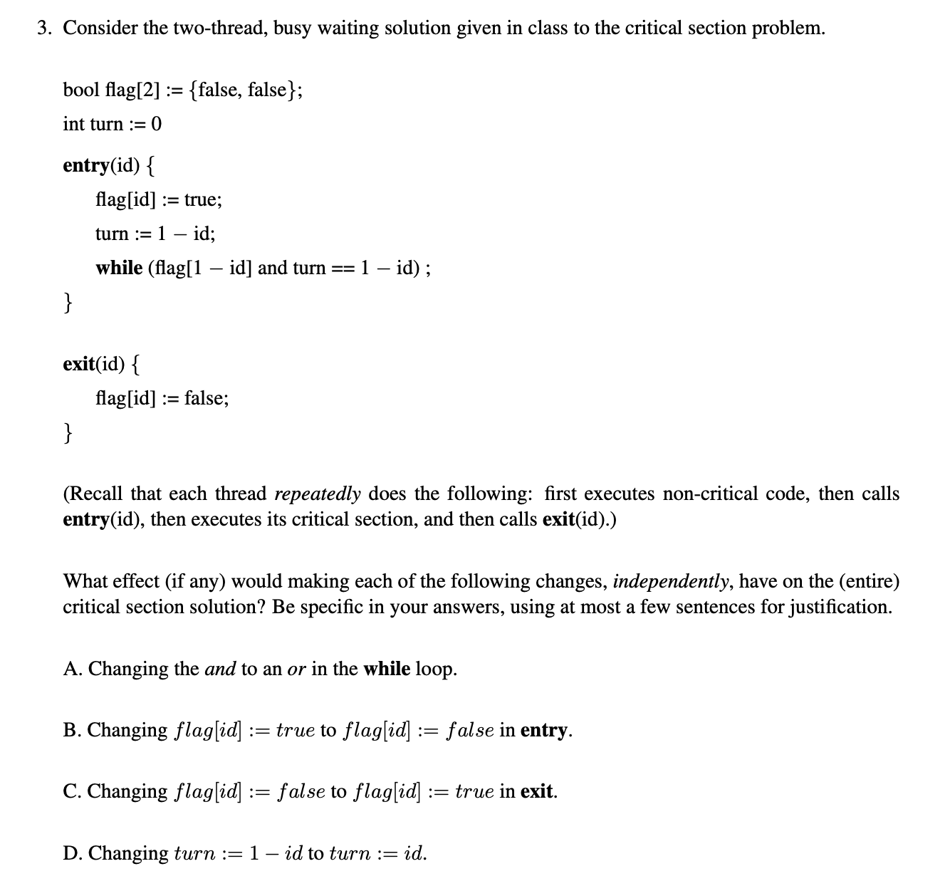 Solved 3. ﻿Consider the two-thread, busy waiting solution | Chegg.com