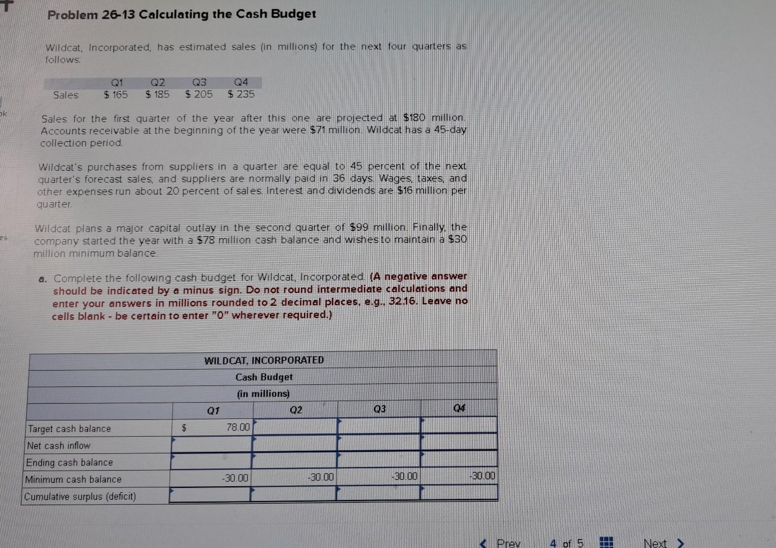 Solved Problem 26-13 Calculating the Cash Budget Wildcat, | Chegg.com