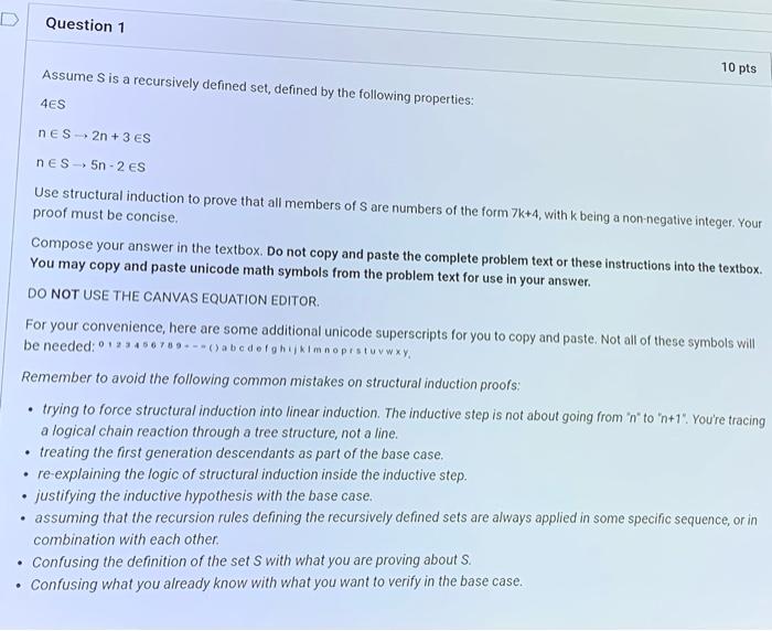 Solved Question 1 10 pts Assume Sis a recursively defined | Chegg.com Solved Question 1 10 pts Assume Sis a recursively defined | Chegg.com