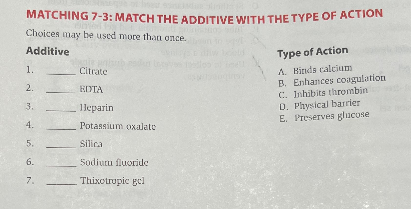 Solved MATCHING 7-3: MATCH THE ADDITIVE WITH THE TYPE OF | Chegg.com