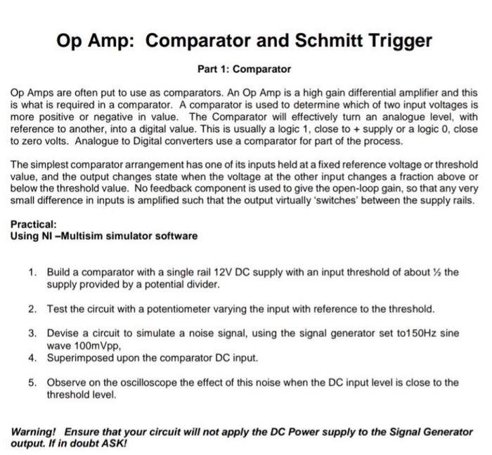 Solved Op Amp: Comparator and Schmitt Trigger Part 1: | Chegg.com