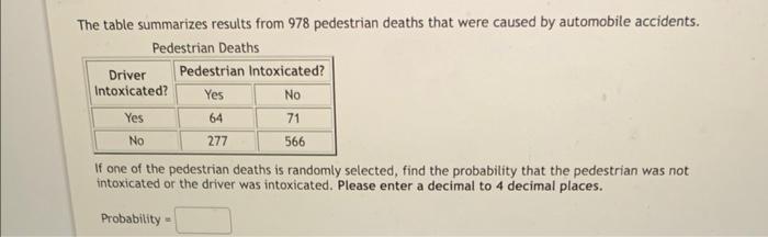 Solved The table summarizes results from 978 pedestrian | Chegg.com