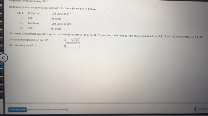 Solved Perpetual Inventory Using LIFO Beginning inventory, | Chegg.com