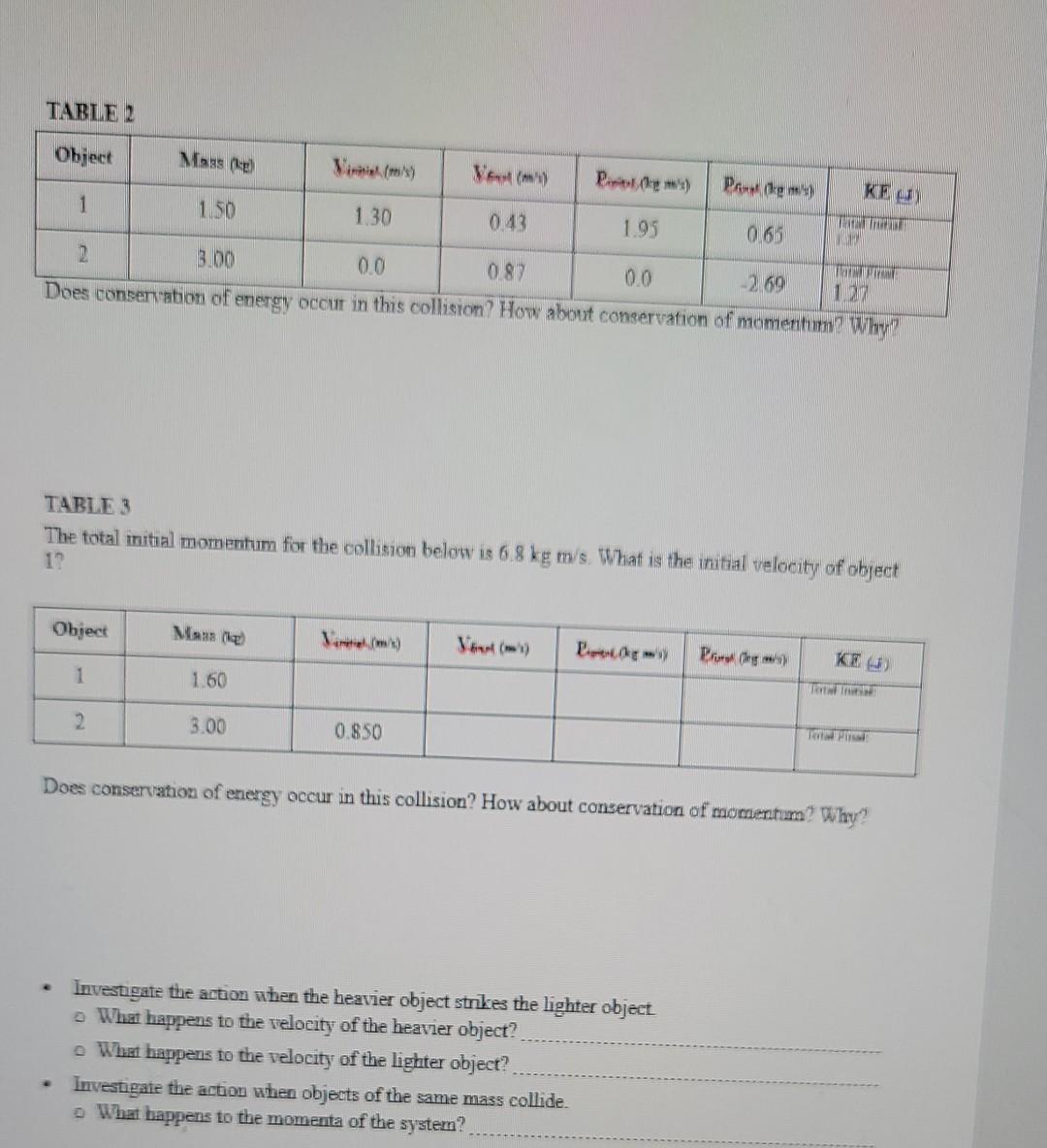 PHYSICS 235 VIRTUAL COLLISIONS LAB OBJECTIVES | Chegg.com