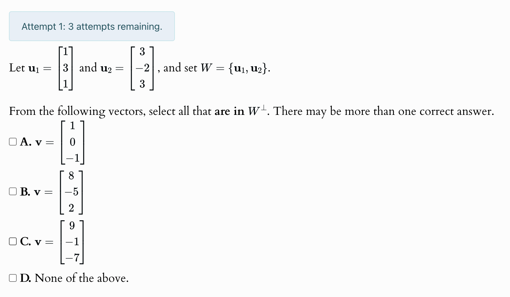 Solved Attempt 1: 3 ﻿attempts remaining.Let u1=[131] ﻿and | Chegg.com