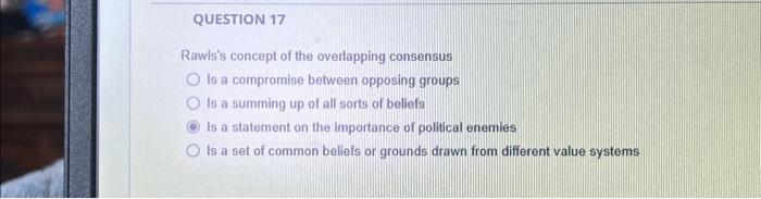 Rawls's concept of the overlapping consensus Is a | Chegg.com