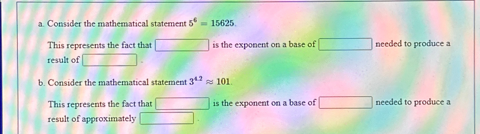 Solved a. ﻿Consider the mathematical statement 56=15625.This | Chegg.com