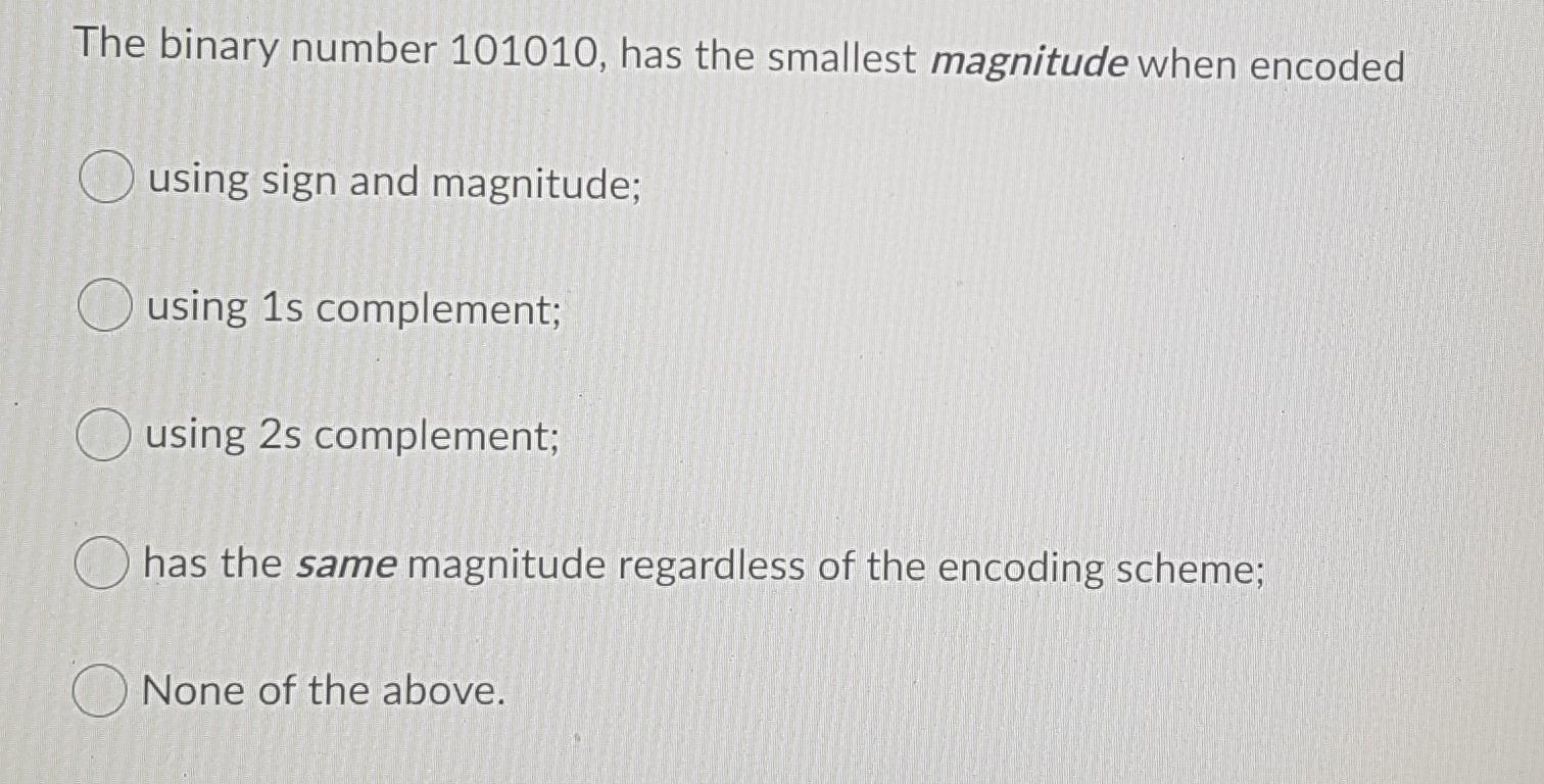 Solved The binary number 101010, has the smallest magnitude | Chegg.com