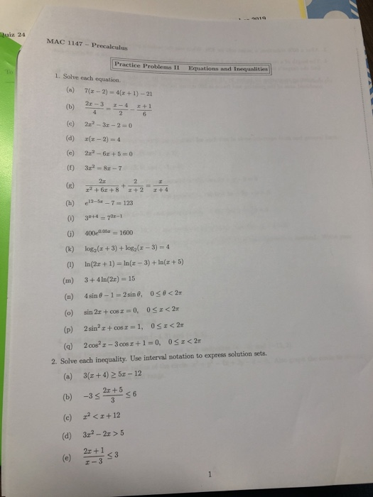Solved MAC 1147 - Precalculus Practice Problems Equations | Chegg.com