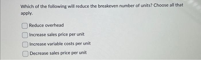 Solved Which of the following will reduce the breakeven | Chegg.com