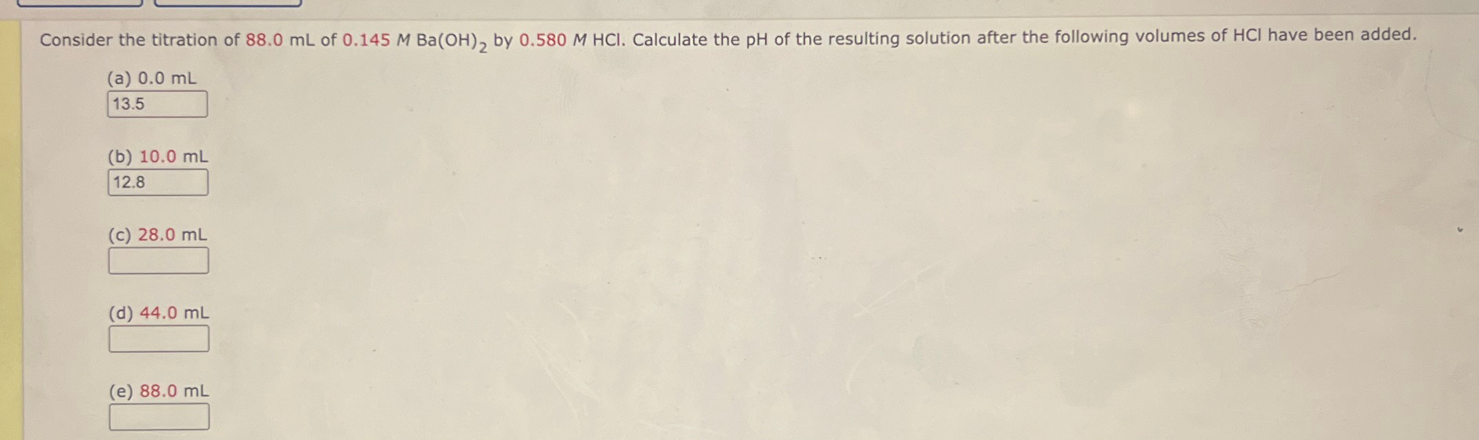Solved Consider the titration of 88.0mL ﻿of 0.145MBa(OH)2 | Chegg.com