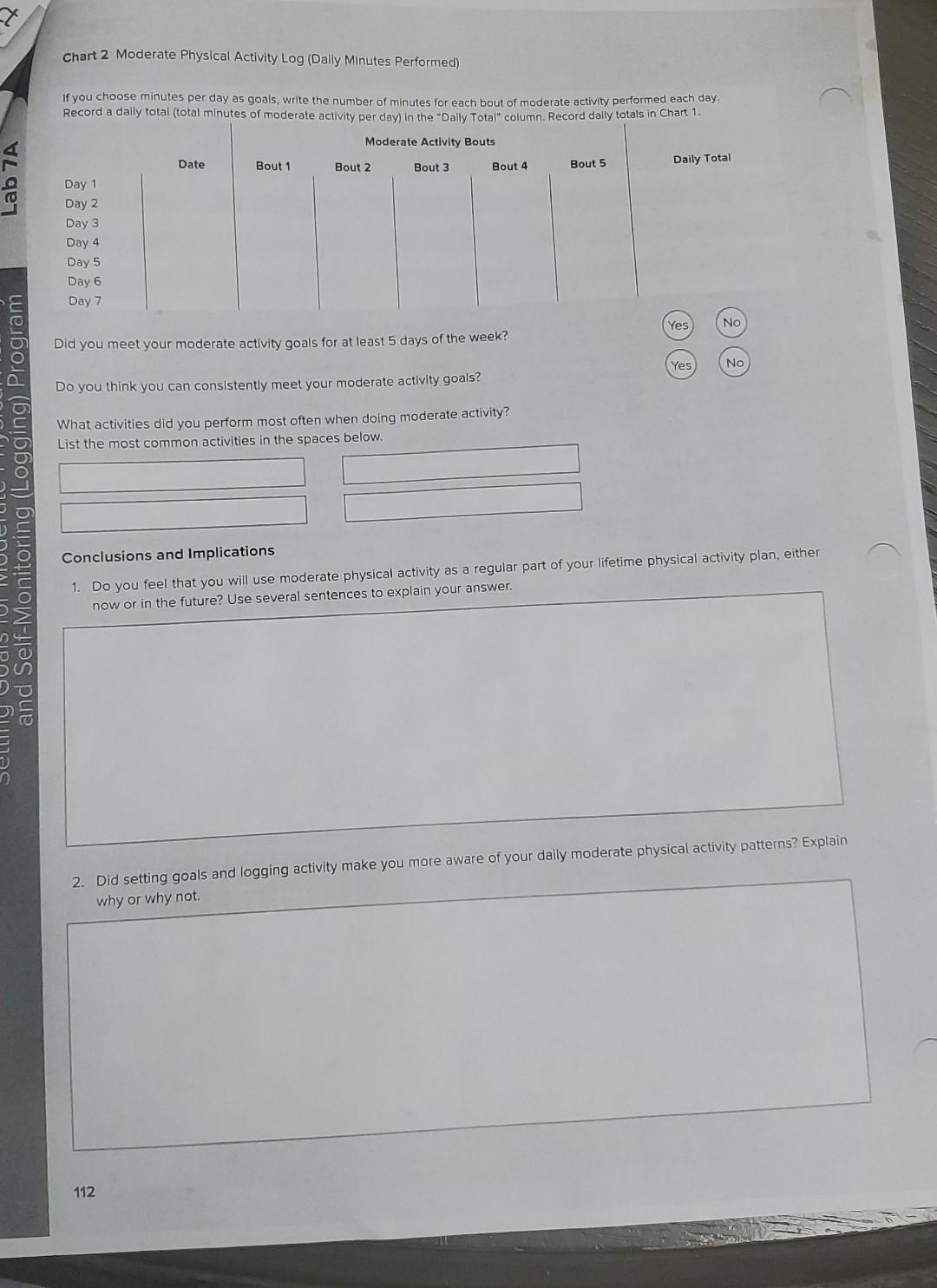 Chart 2 Moderate Physical Activity Log (Dally Minutes | Chegg.com