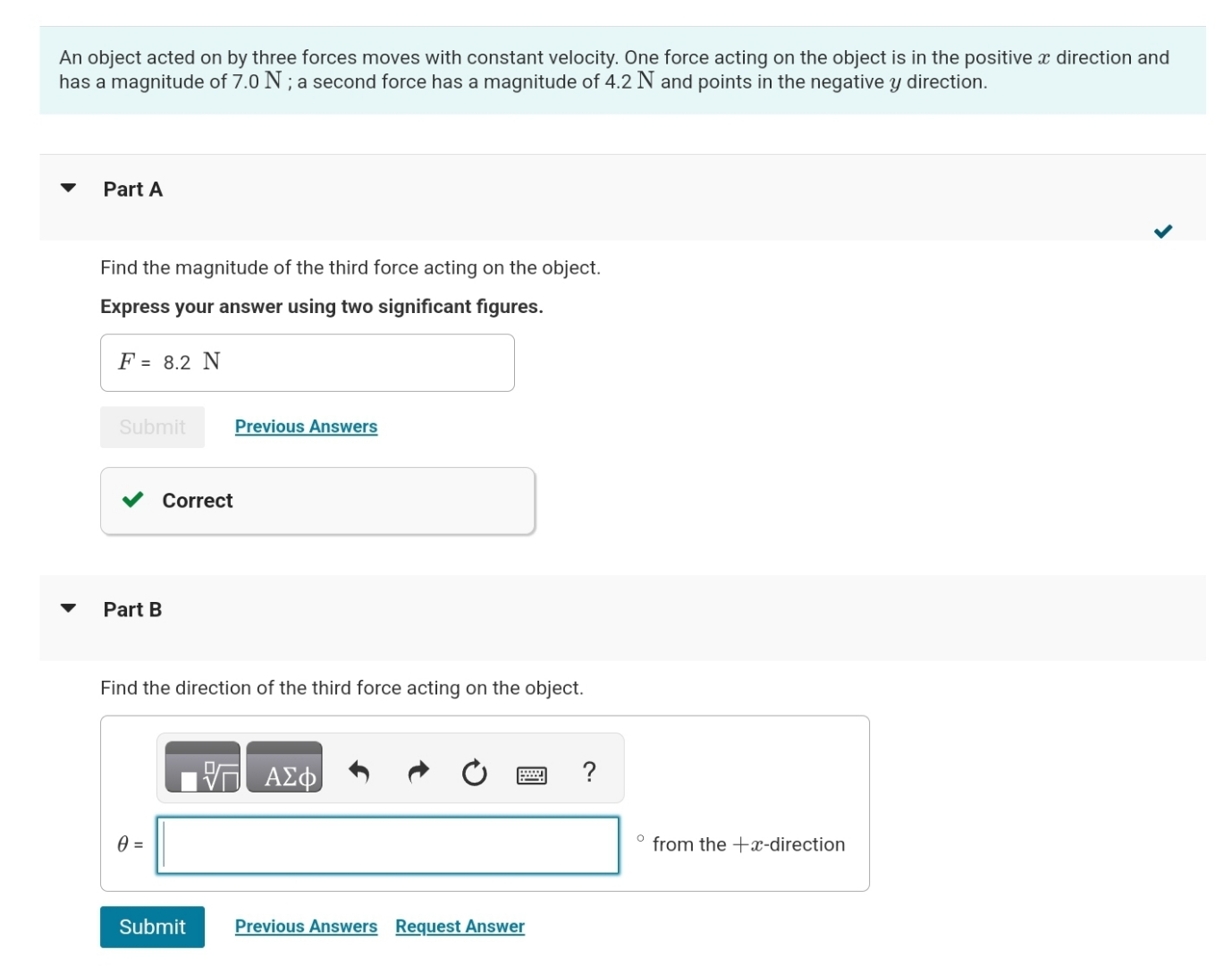 Solved An object acted on by three forces moves with | Chegg.com