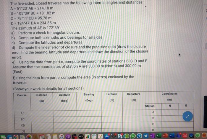 Solved The five-sided, closed traverse has the following | Chegg.com