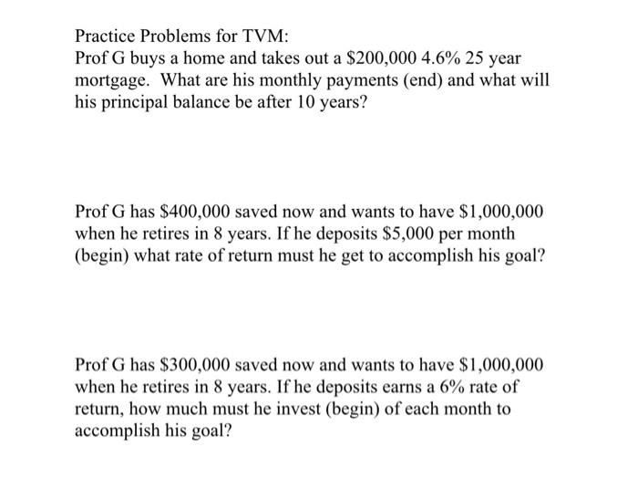 Solved Practice Problems for TVM: Prof G buys a home and | Chegg.com