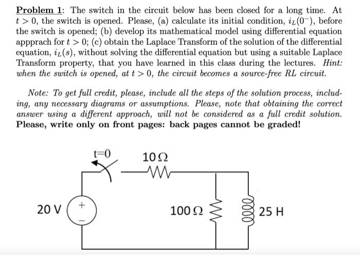 Solved Problem 1: The switch in the circuit below has been | Chegg.com