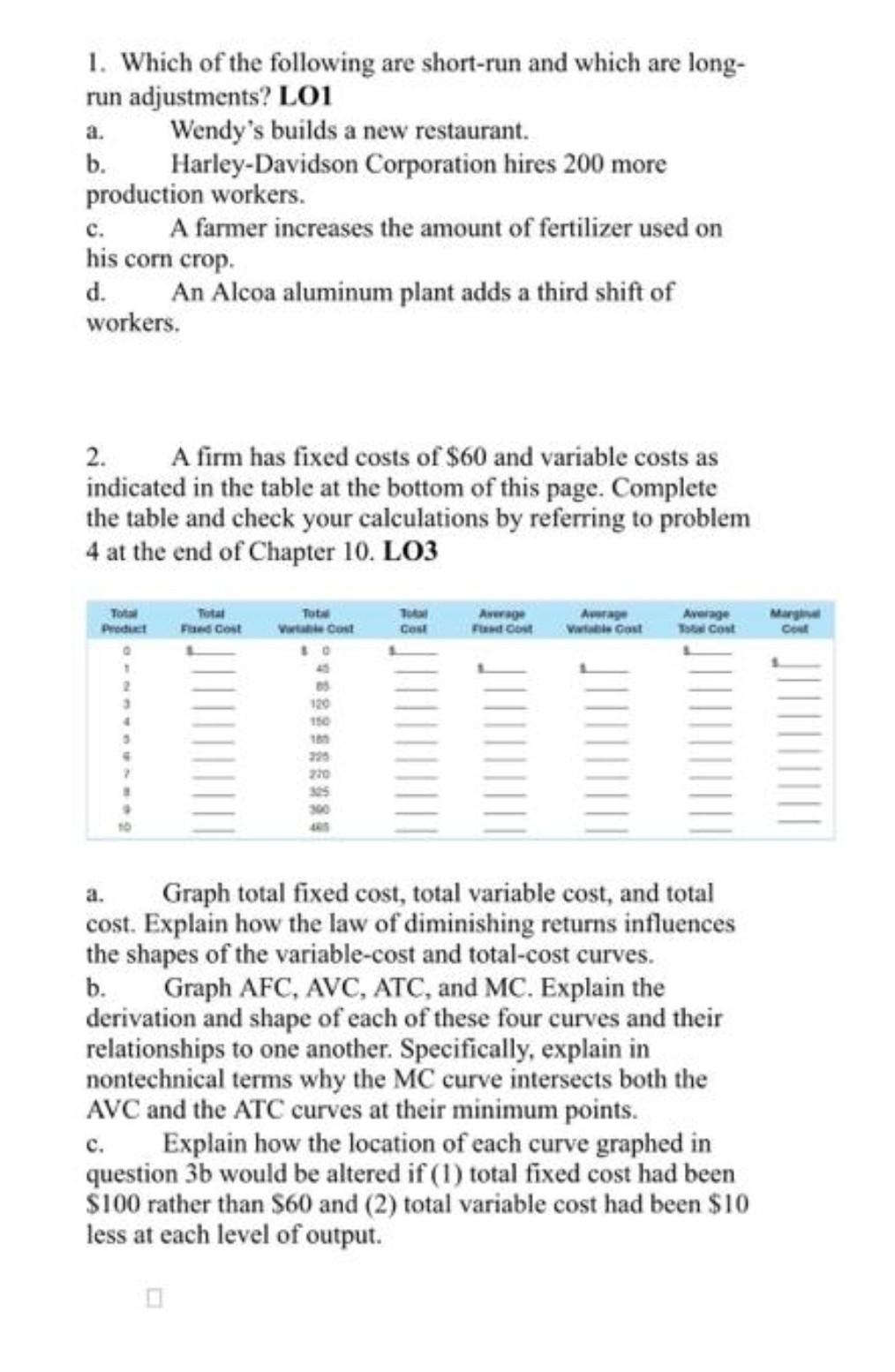 Solved 1. Which of the following are short-run and which are | Chegg.com