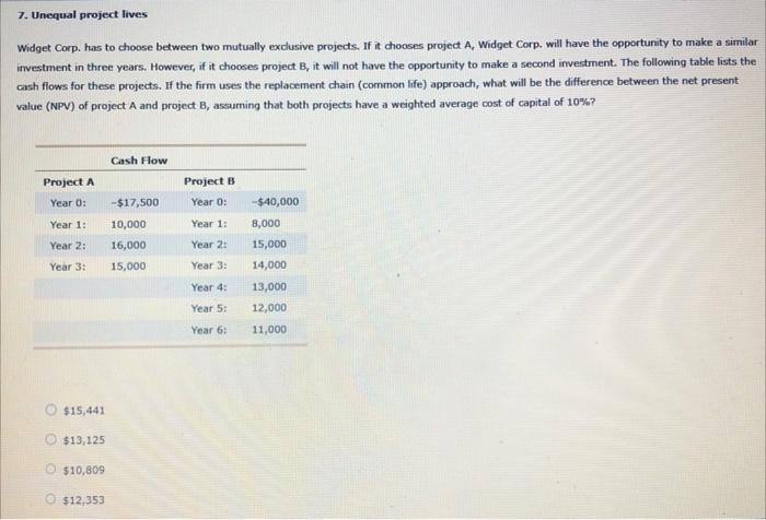 Solved 7. Unequal project lives Widget Corp. has to choose | Chegg.com