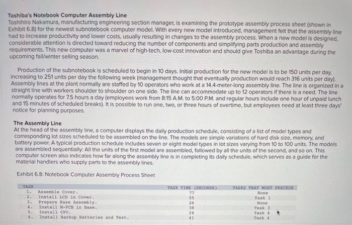 Solved Toshiba's Notebook Computer Assembly Line Toshihiro | Chegg.com
