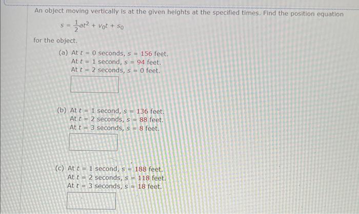 Solved An object moving vertically is at the given heights | Chegg.com