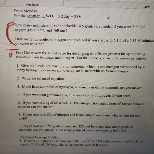 Solved Styles Paragraph From Monday: For the equation 2 Xe03 | Chegg.com
