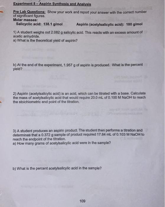 Solved Experiment 8 - Aspirin Synthesis and Analysis Pre Lab | Chegg.com