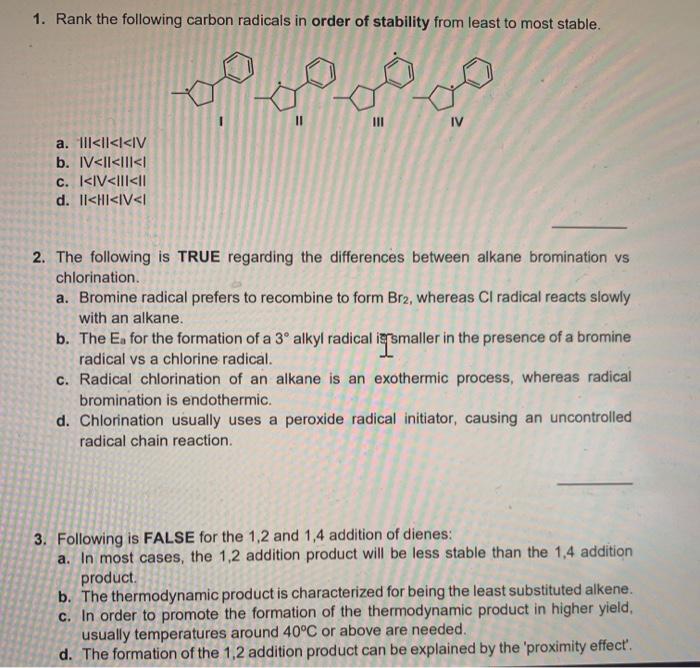 Solved 1. Rank the following carbon radicals in order of | Chegg.com