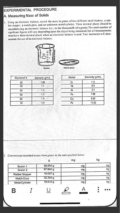 Solved EXPERIMENTAL PROCEDURE A Measuring Mass of Solids | Chegg.com