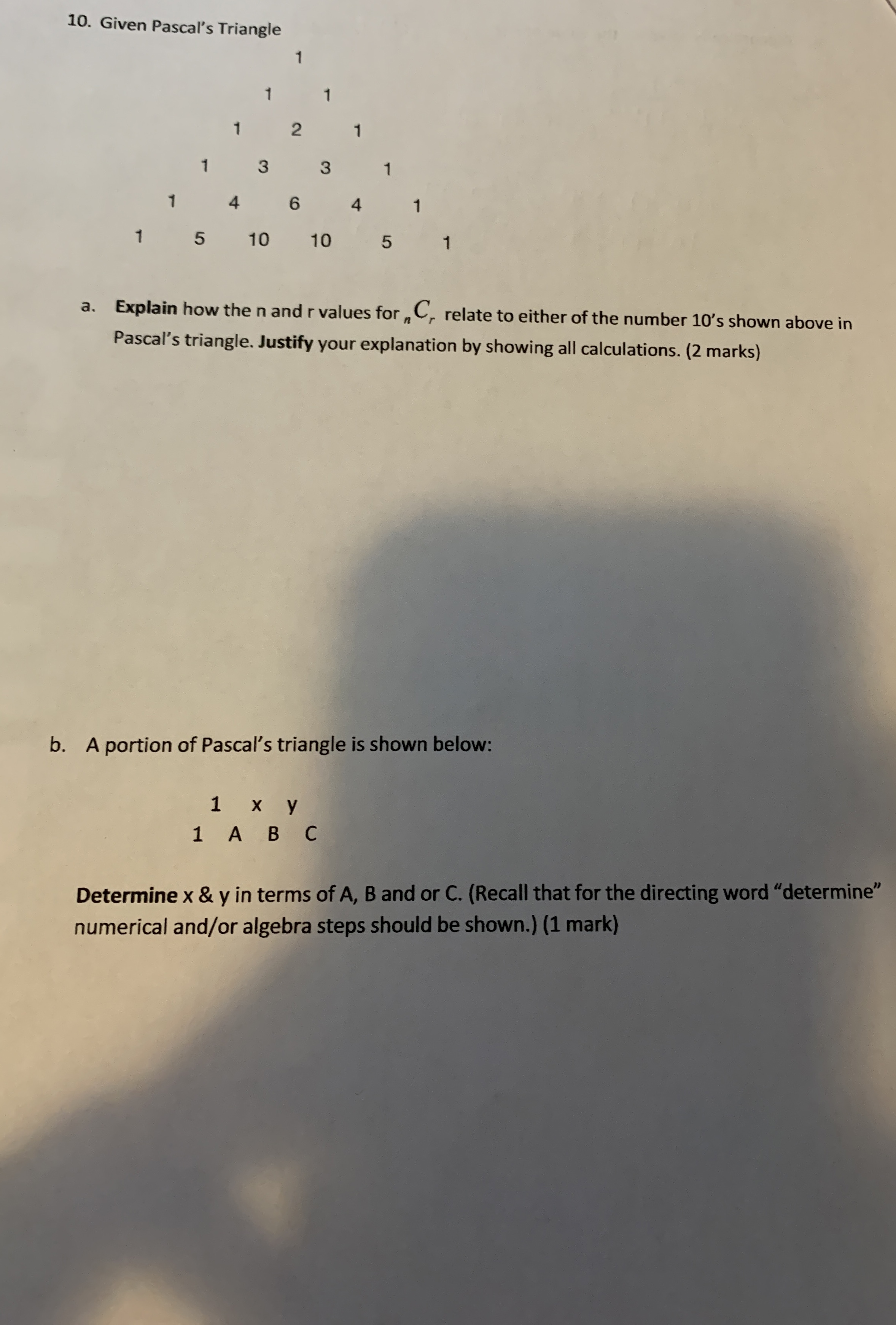 Solved Given Pascal's Trianglea. ﻿Explain how the n and r | Chegg.com
