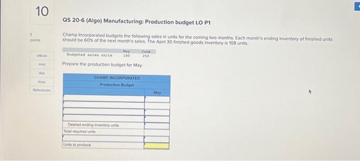 Solved 10 1 points eBook Hint Ask Print References QS 20-6 | Chegg.com