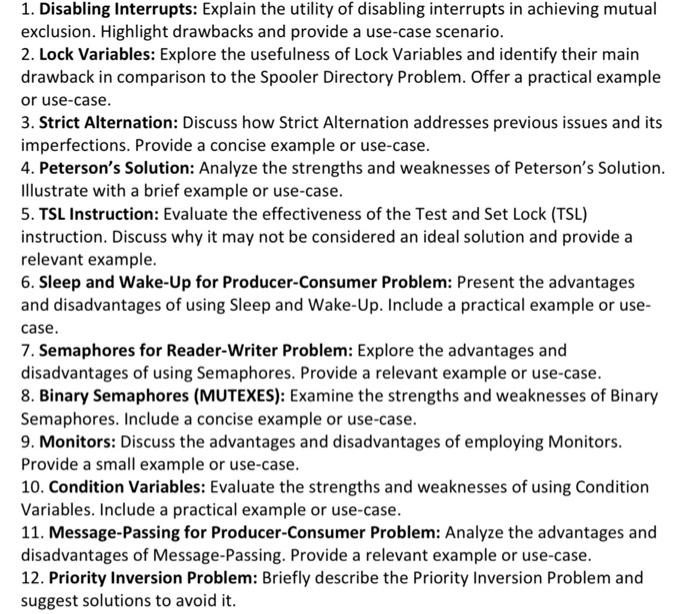 1. Disabling Interrupts: Explain the utility of | Chegg.com