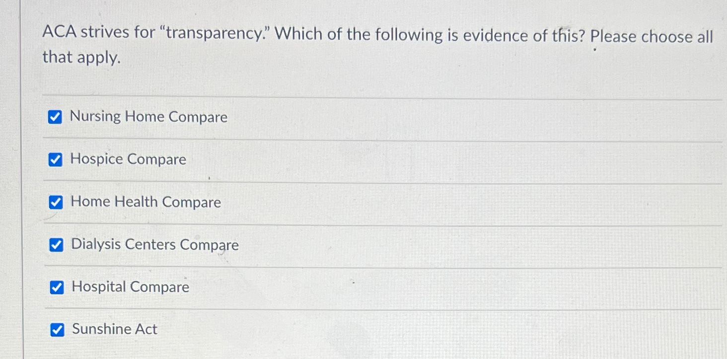Solved ACA strives for "transparency." Which of the | Chegg.com