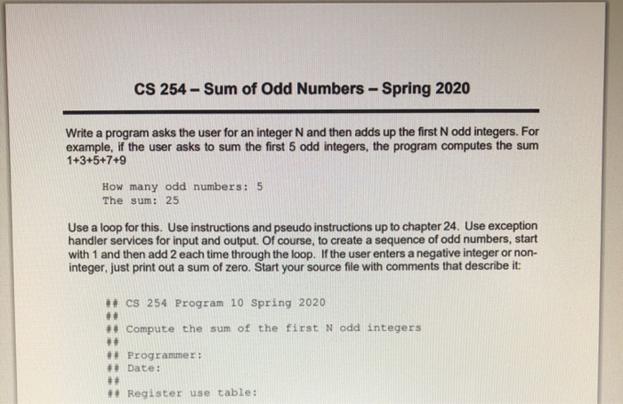 Solved CS 254 - Sum of Odd Numbers - Spring 2020 Write a | Chegg.com