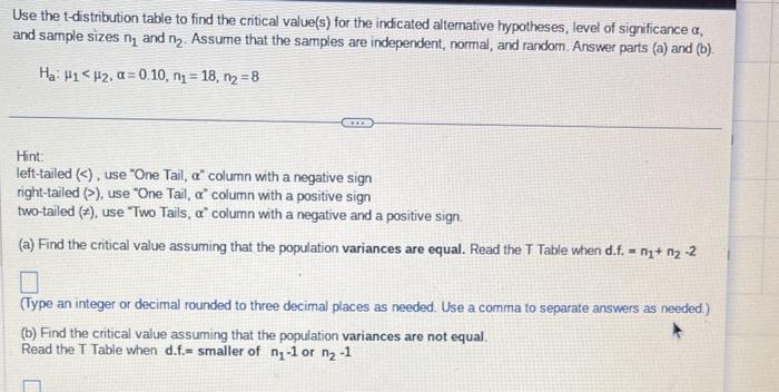 Solved Use the t-distribution table to find the critical | Chegg.com