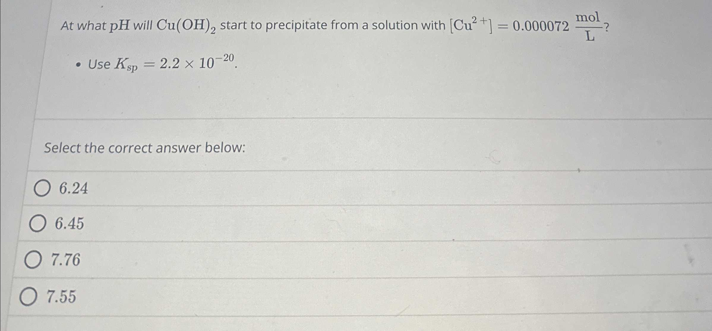 Solved At what pH ﻿will Cu(OH)2 ﻿start to precipitate from a | Chegg.com